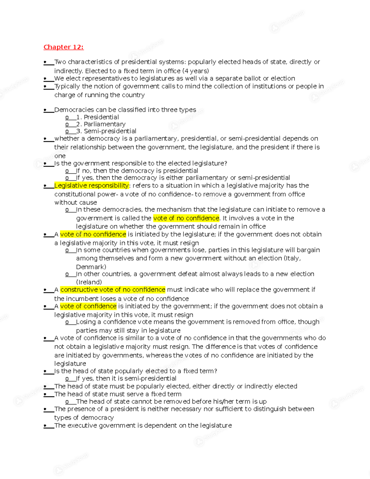 Study guide for exam - Chapter 12: Two characteristics of presidential ...