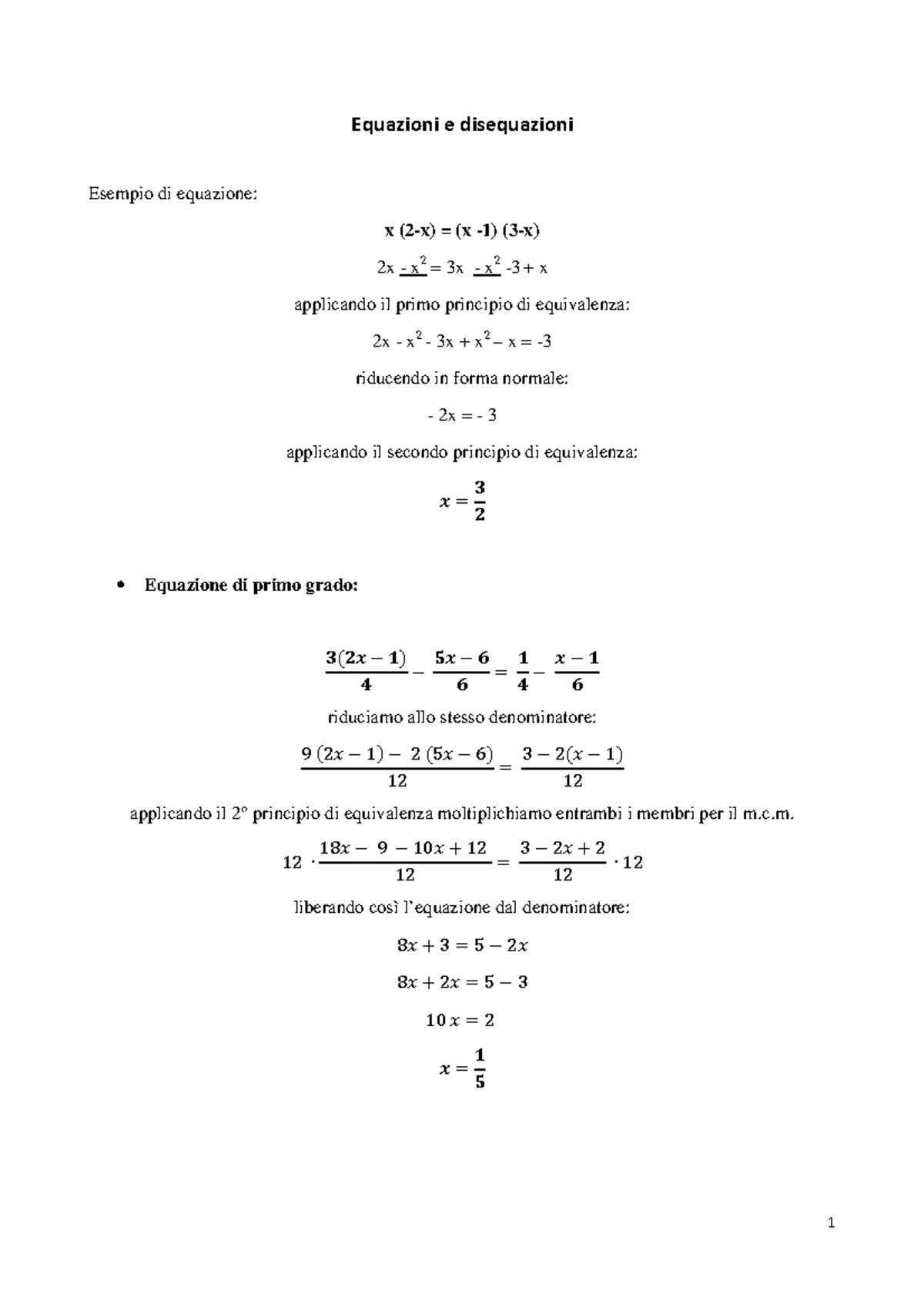 MATEMATICA SVOLTI - Equazioni e disequazioni Esempio di equazione: x (2 ...
