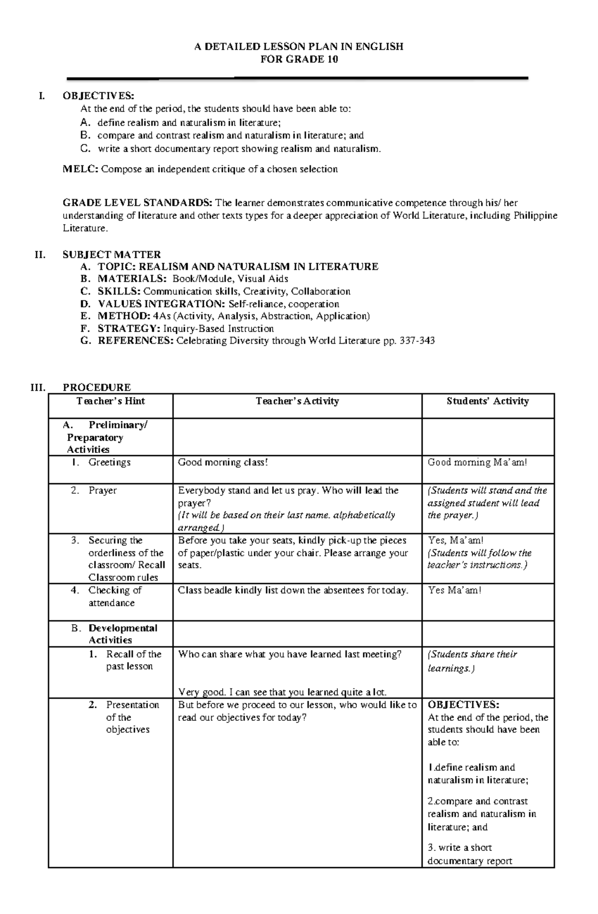 LP Naturalism Realism RTP 121156 - A DETAILED LESSON PLAN IN ENGLISH ...