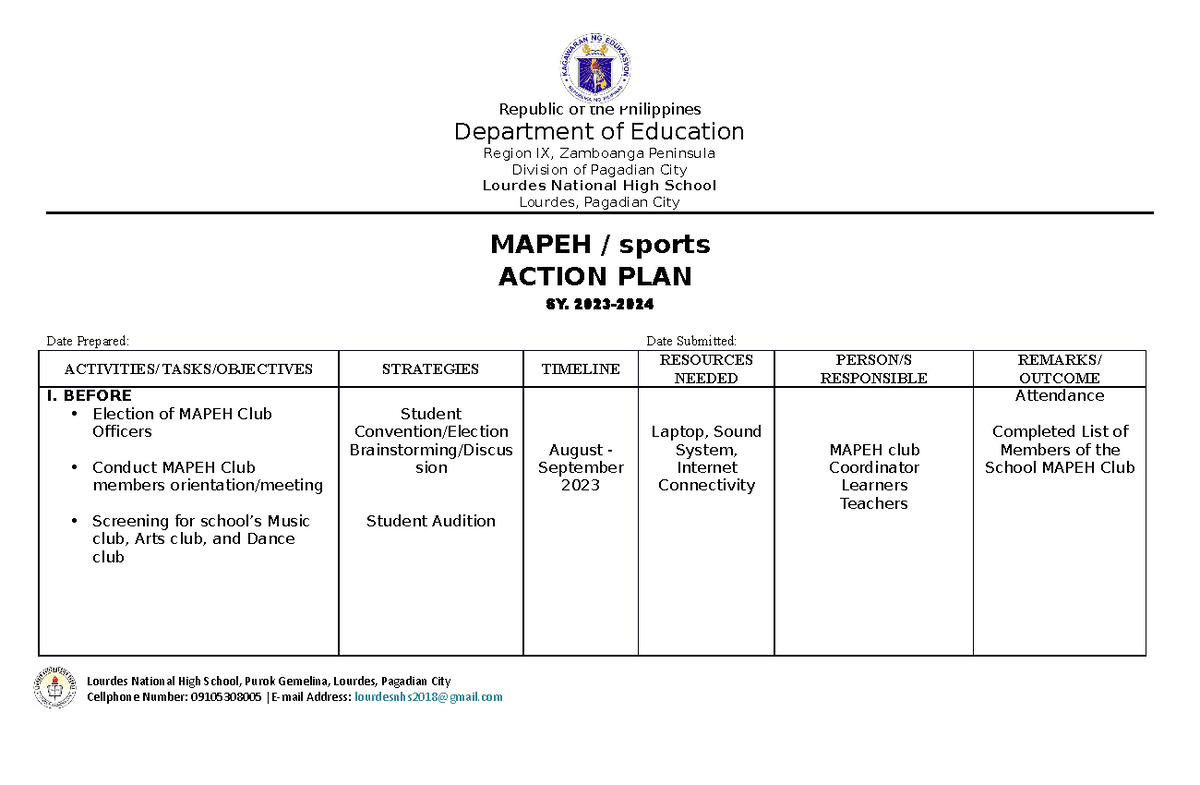 Mapeh- Sports Action PLAN - Republic of the Philippines Department of ...