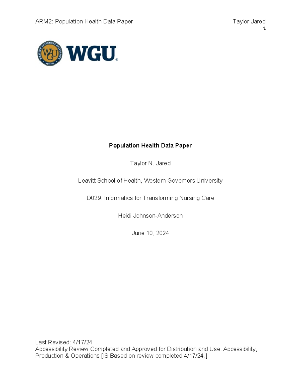 D029 Pop Health Data-Taylor Jared - 1 Population Health Data Paper ...