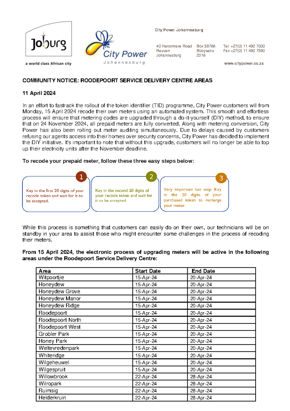 Token Identifier DIY Schedule - Roodepoort SDC - 11 April 2024 - City ...