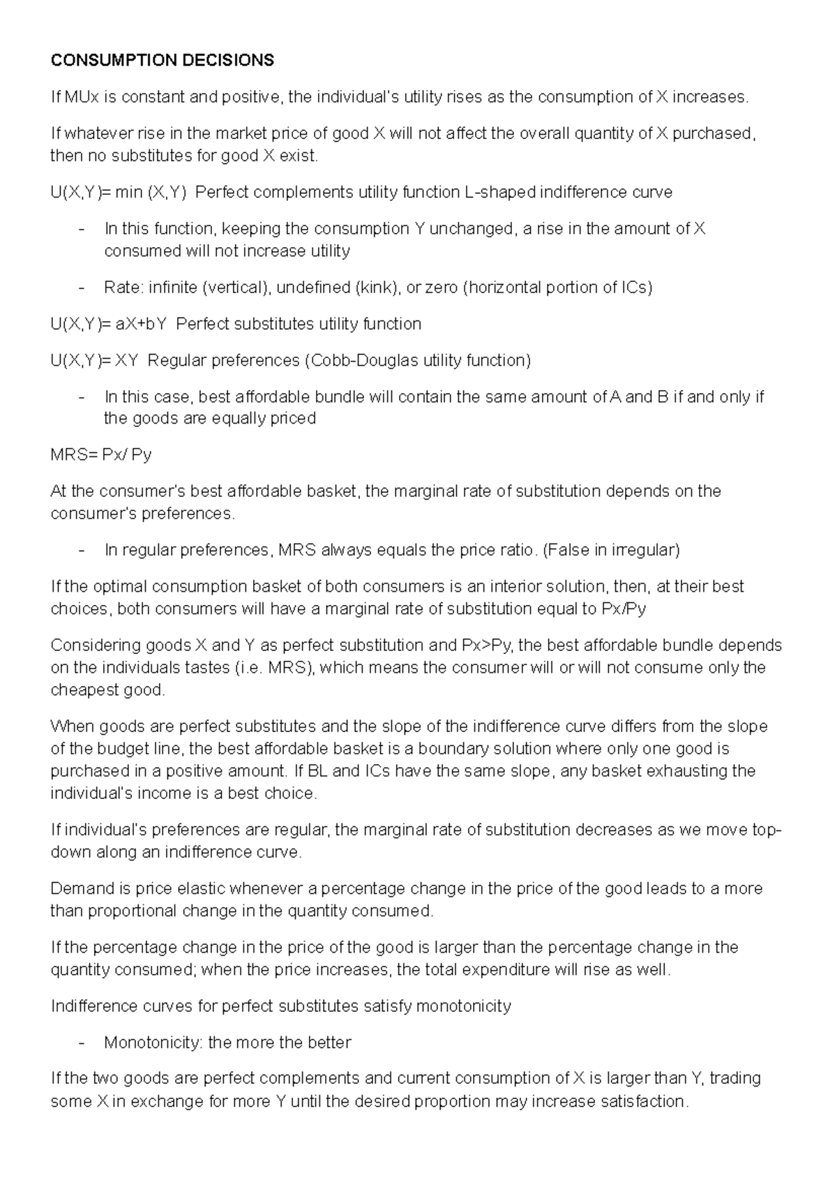 Summary - CONSUMPTION DECISIONS If MUx is constant and positive, the ...