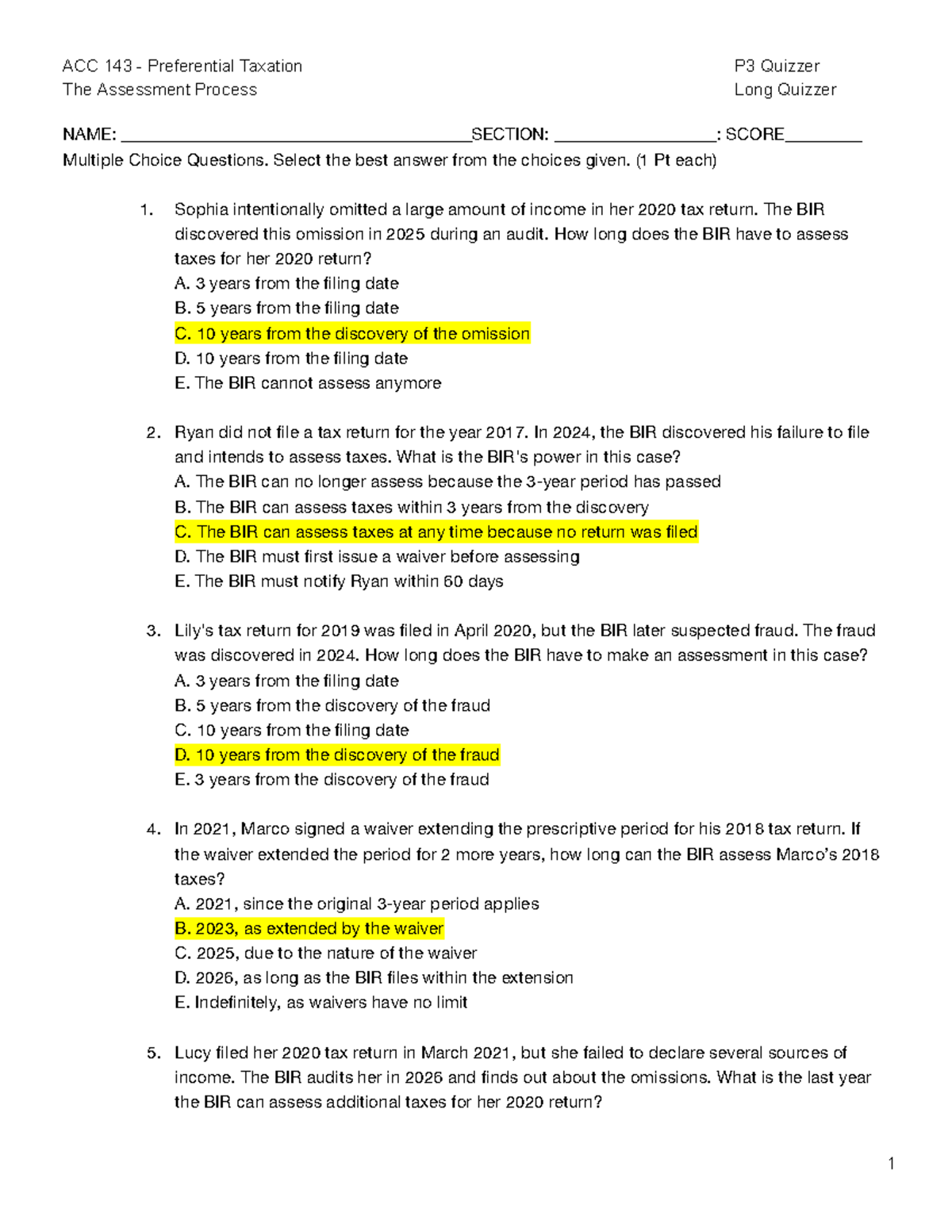 Preferential tax practice questions - The Assessment Process Long ...