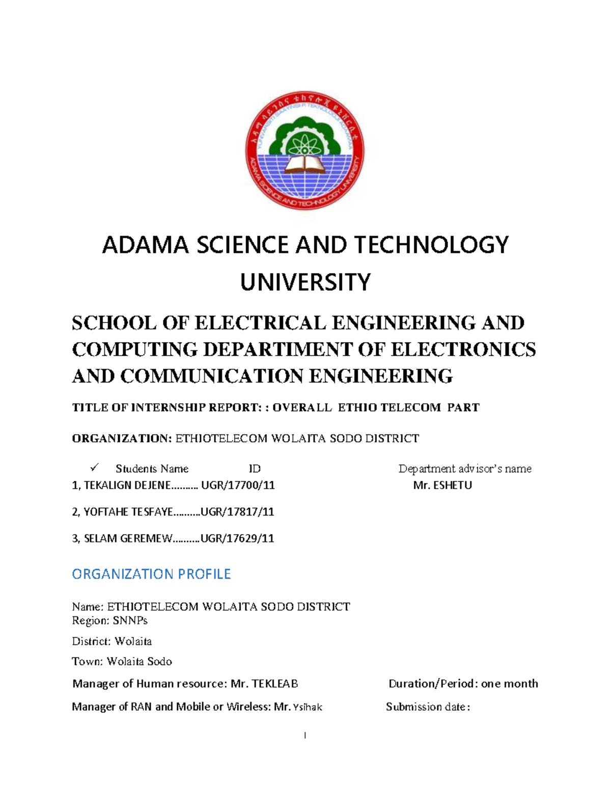 Ethiotelecom intern report - I ADAMA SCIENCE AND TECHNOLOGY UNIVERSITY SCHOOL OF ELECTRICAL ...