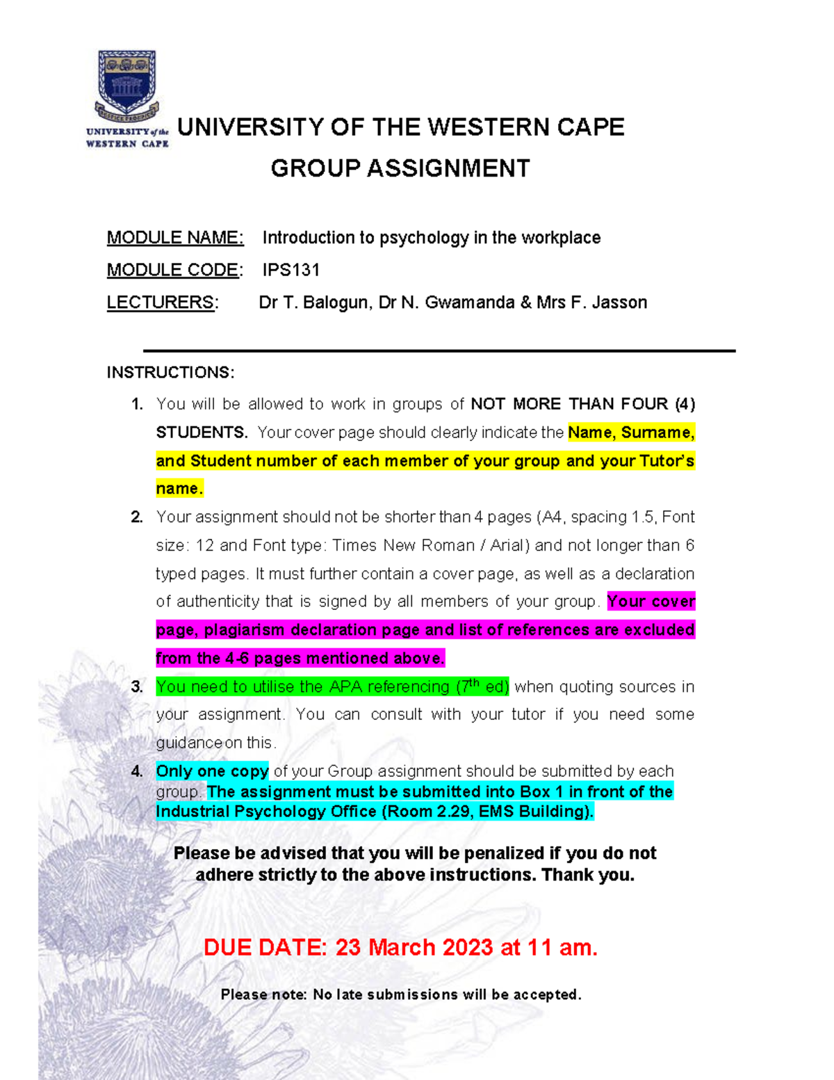 Group Assignment - IPS131, 2023 - UNIVERSITY OF THE WESTERN CAPE GROUP ASSIGNMENT MODULE NAME ...