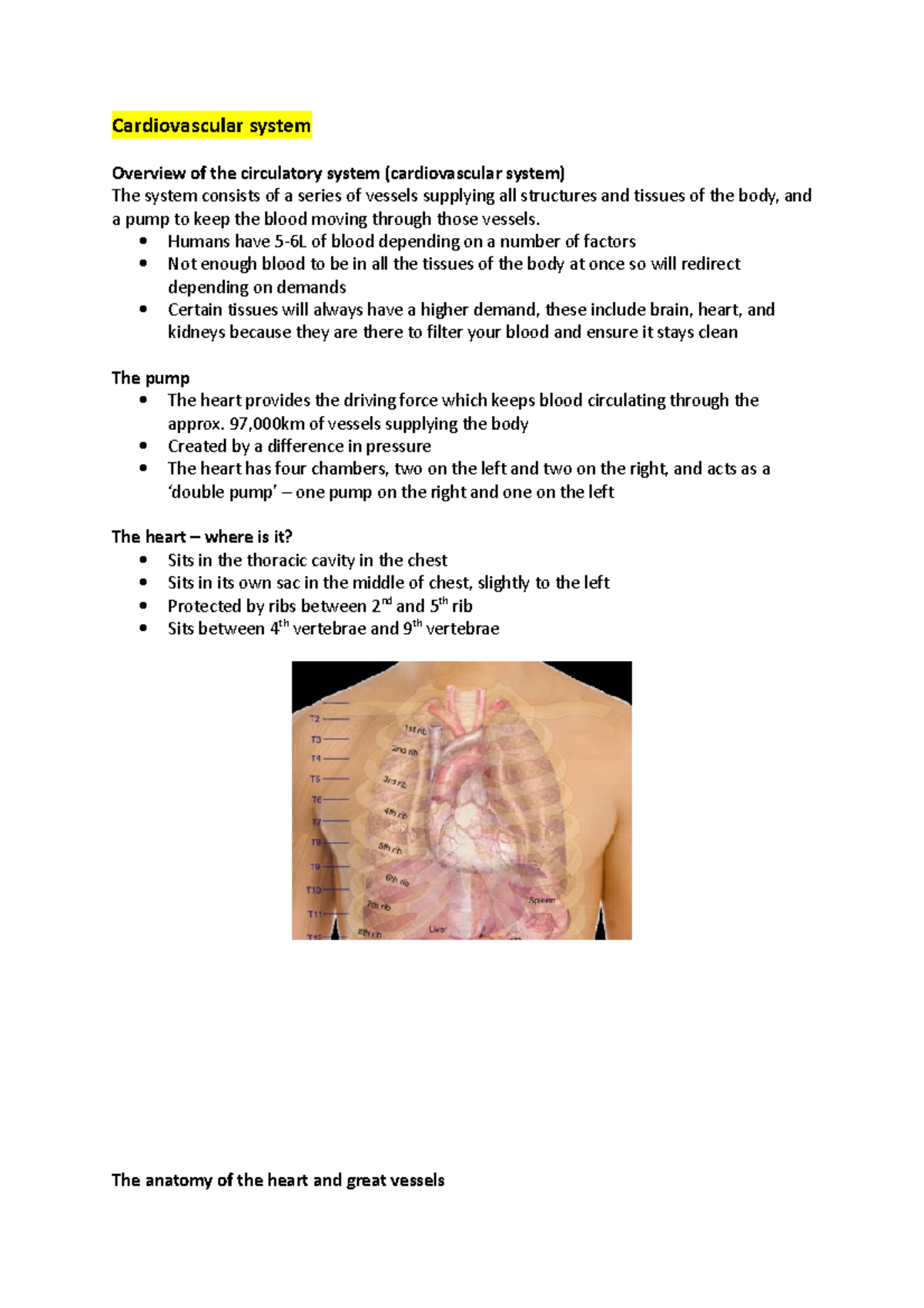 Week 9 - Cardiovascular system - Cardiovascular system Overview of the ...