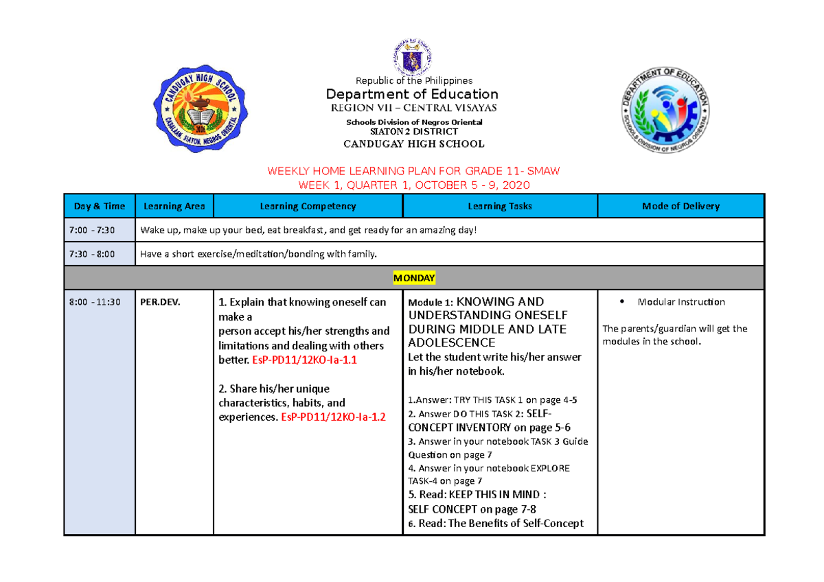 479045393 Weekly Home Learning Plan PER DEV docx - Republic of the ...