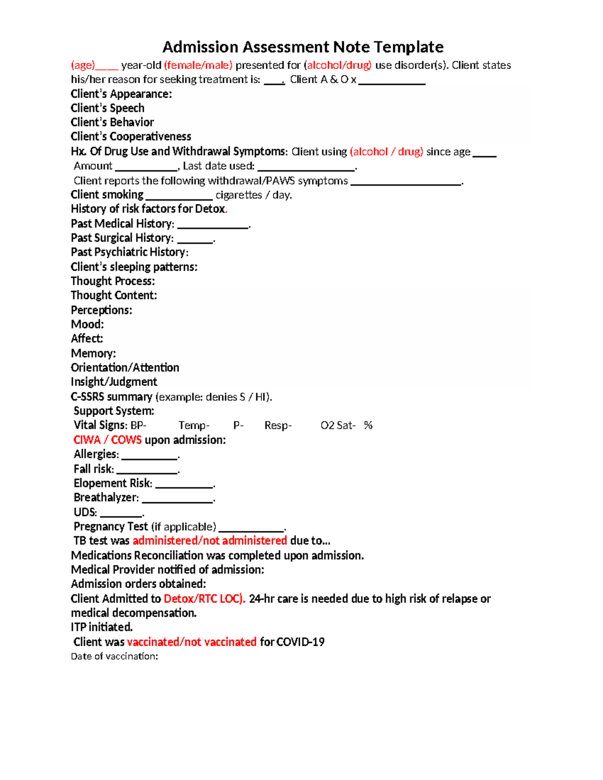 Admit Progress Note Template-Updates 1 - Admission Assessment Note ...