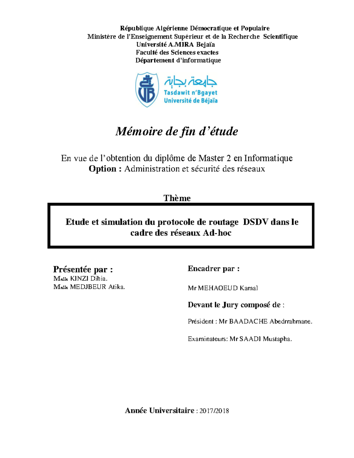 Etude et simulation du protocole de routage DSDV dans le cadre des ...