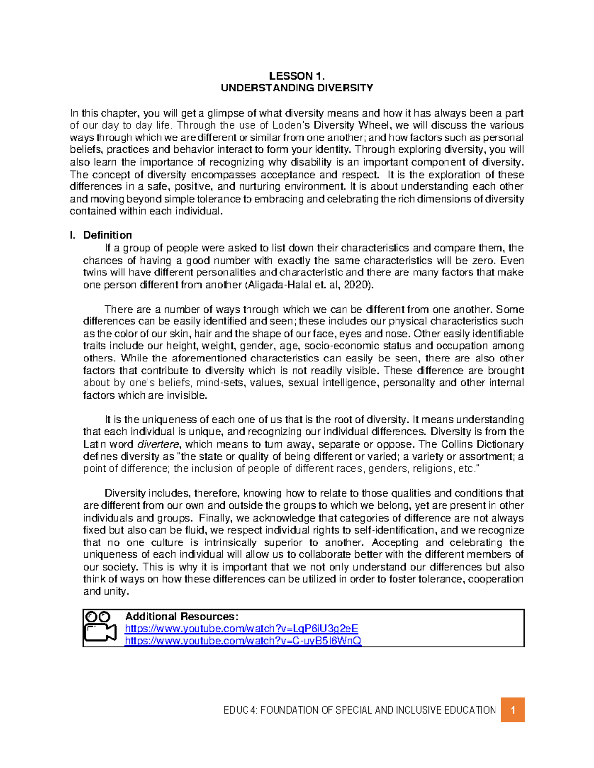 Lesson 1 - LESSON 1. UNDERSTANDING DIVERSITY In this chapter, you will ...