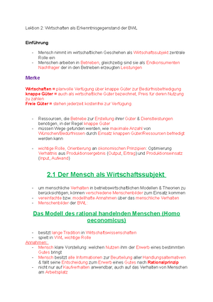 BWL 1 Lektion 1 - BWL 1 (Einführung und Grundlagen) Lektion 1 ...