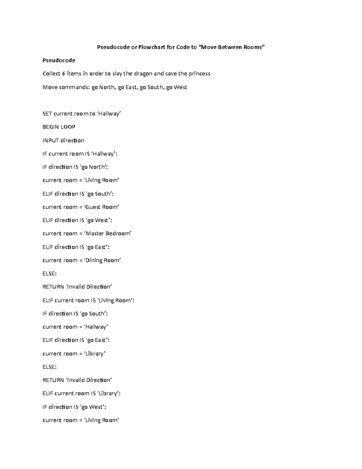 5 3 Project Part 2 Pseudocode Or Flowchart For Code To “move Between Rooms” Pseudocode Collect