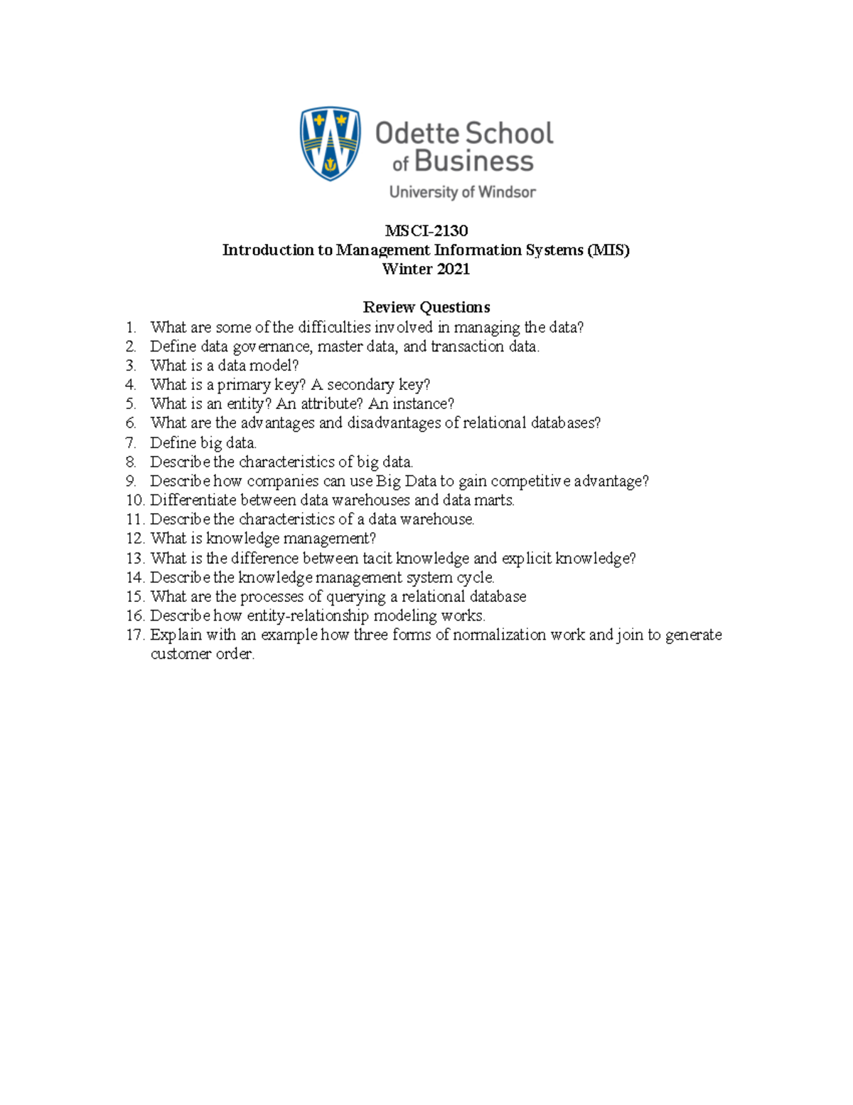 Chapter 5 Review Questions - MSCI- Introduction to Management ...