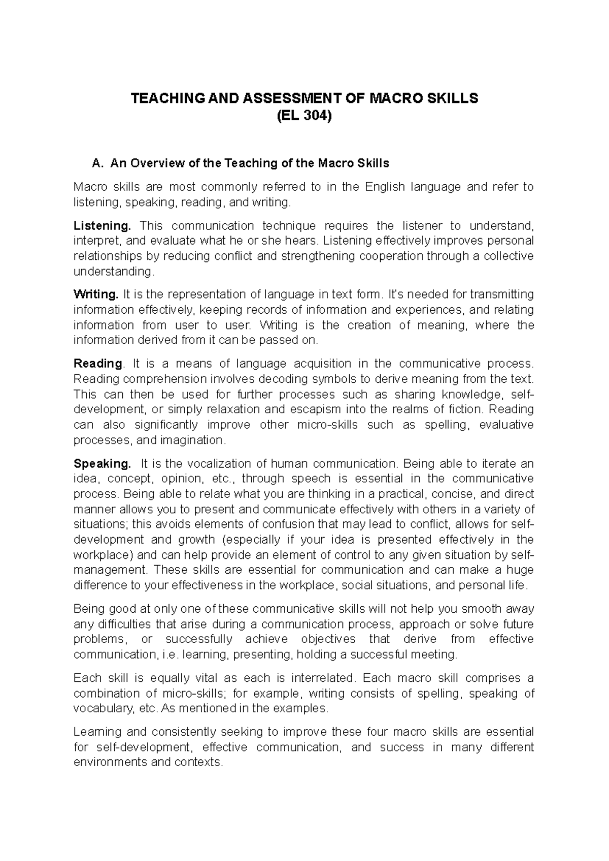 Handout - TEACHING AND ASSESSMENT OF MACRO SKILLS (EL 304) A. An ...