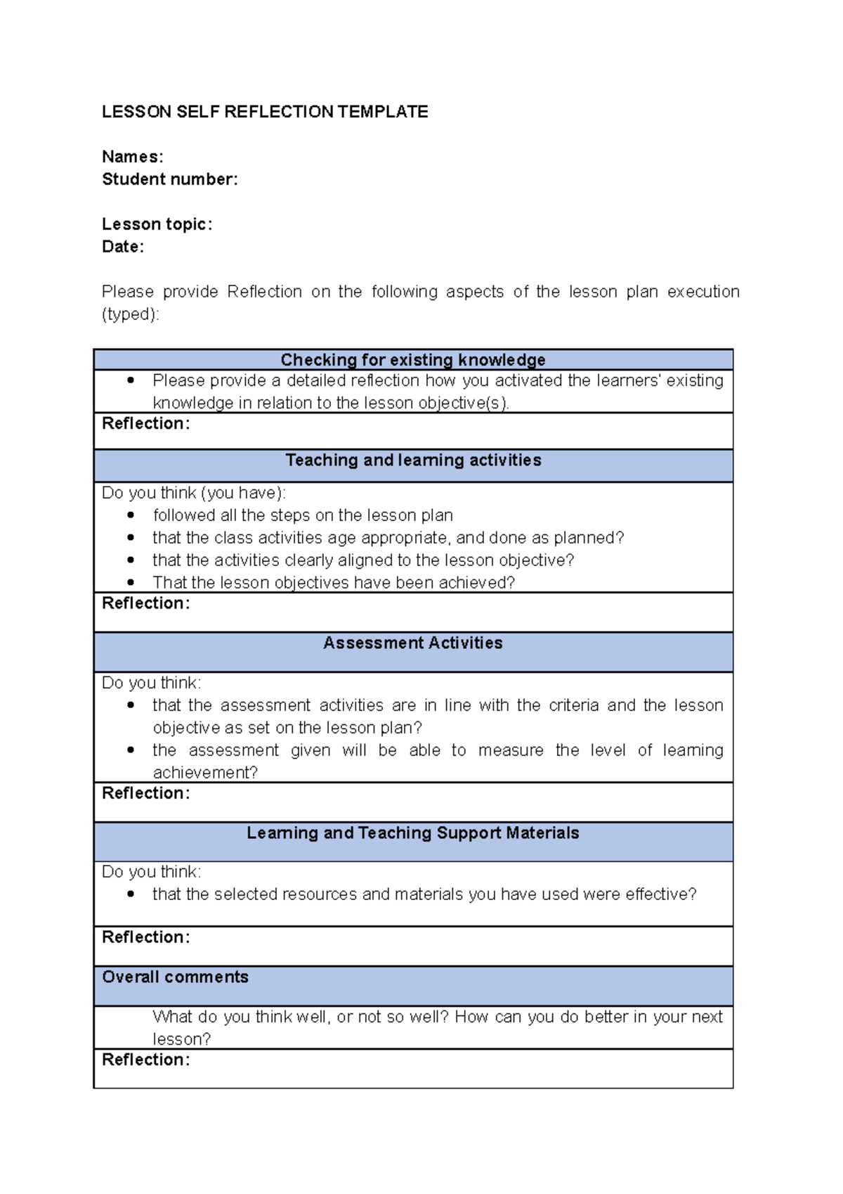 Self reflection on taught lesson - LESSON SELF REFLECTION TEMPLATE ...