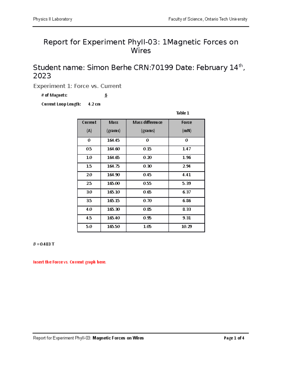 Lab three - Report for Experiment PhyII-03: 1Magnetic Forces on Wires ...