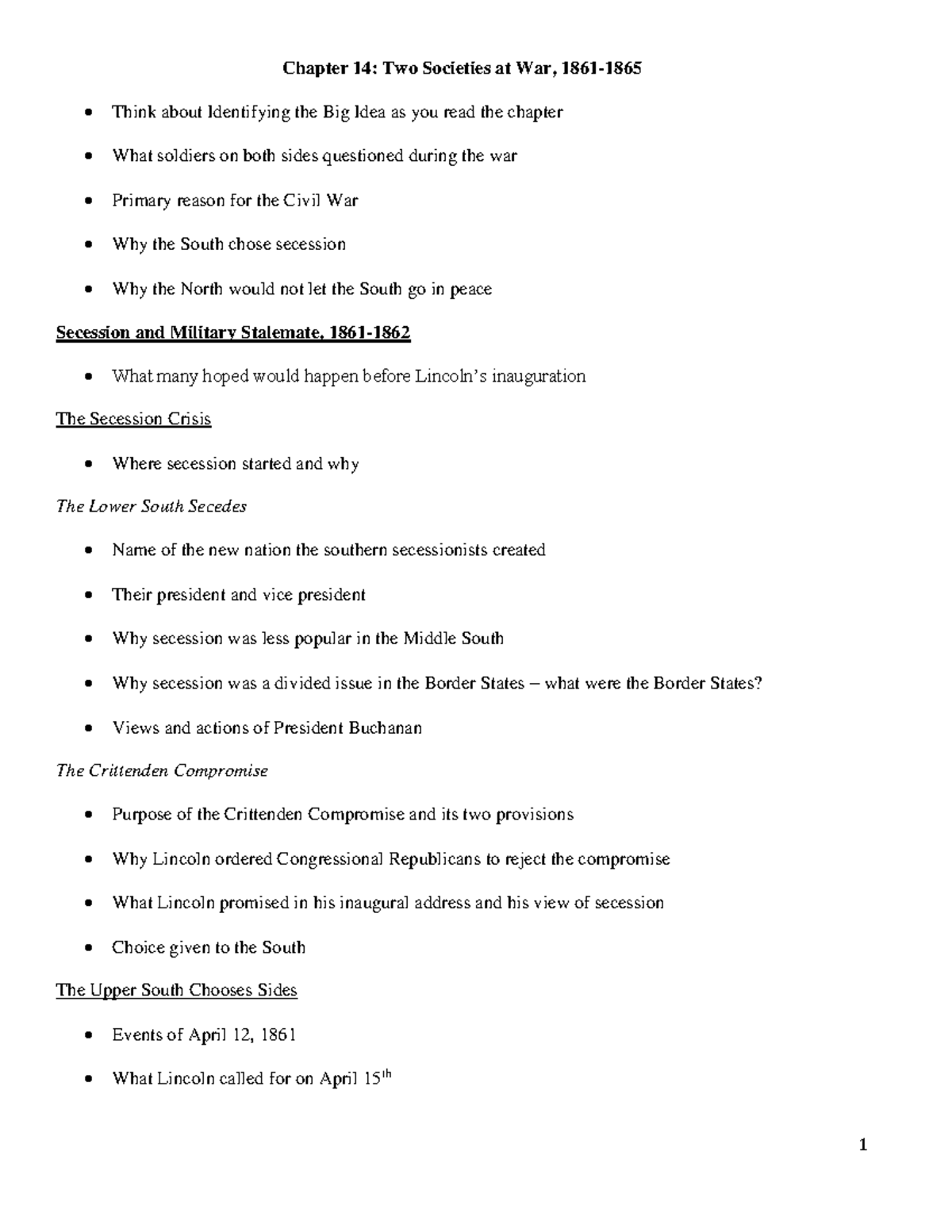 Chapter 14 - Chapter 14: Two Societies at War, 1861- Think about ...