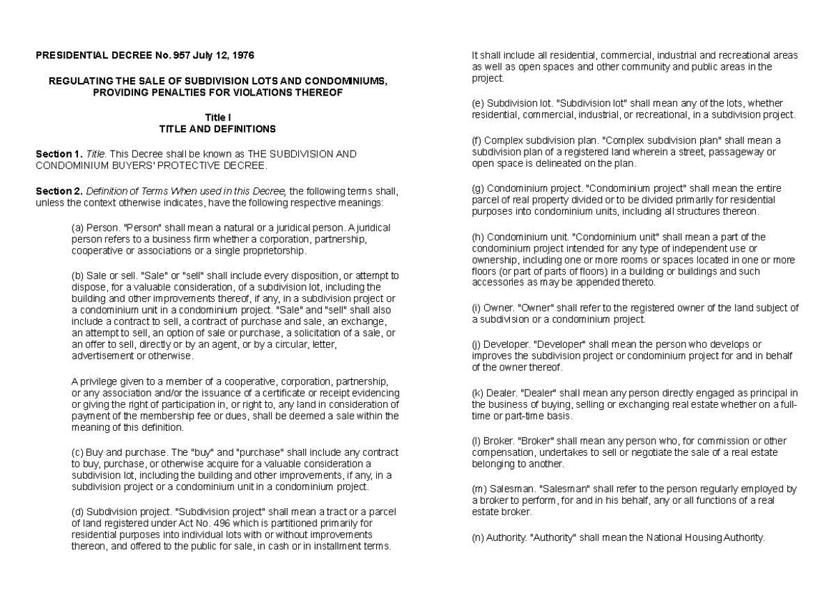 Condominium Act PD 957 - None - PRESIDENTIAL DECREE No. 957 July 12 ...