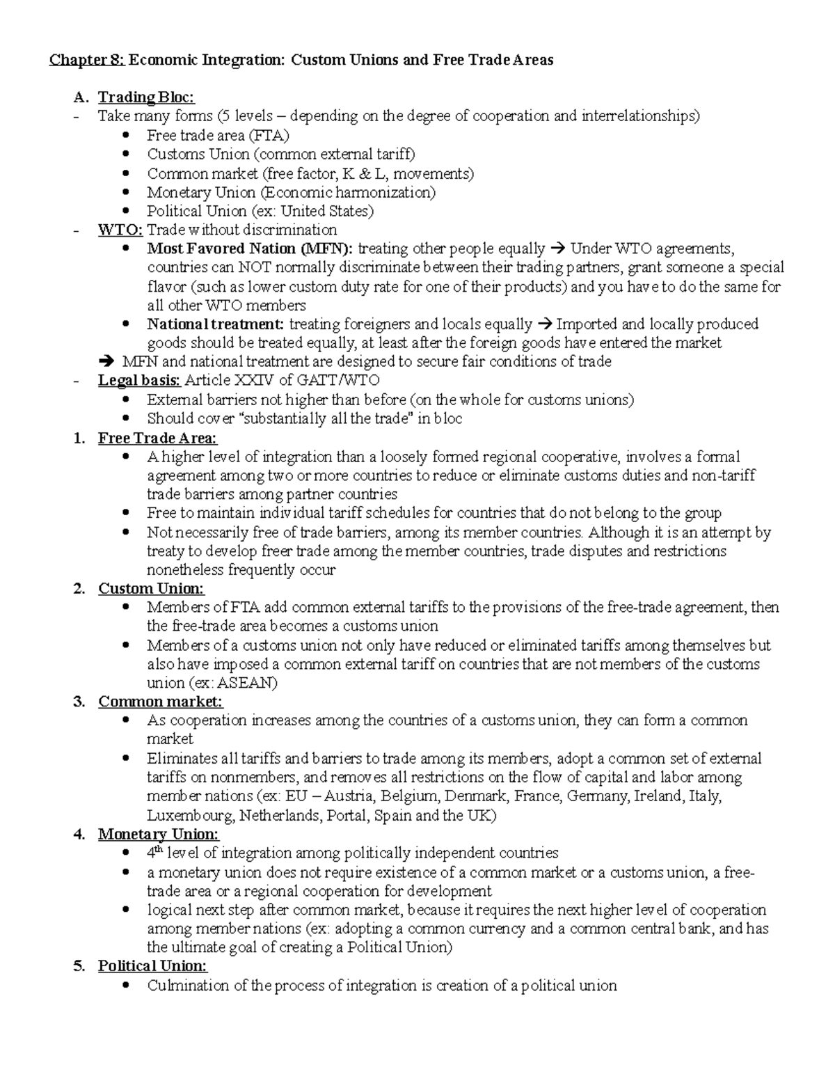 E430 Chapter 8 - Chapter 8: Economic Integration: Custom Unions and ...