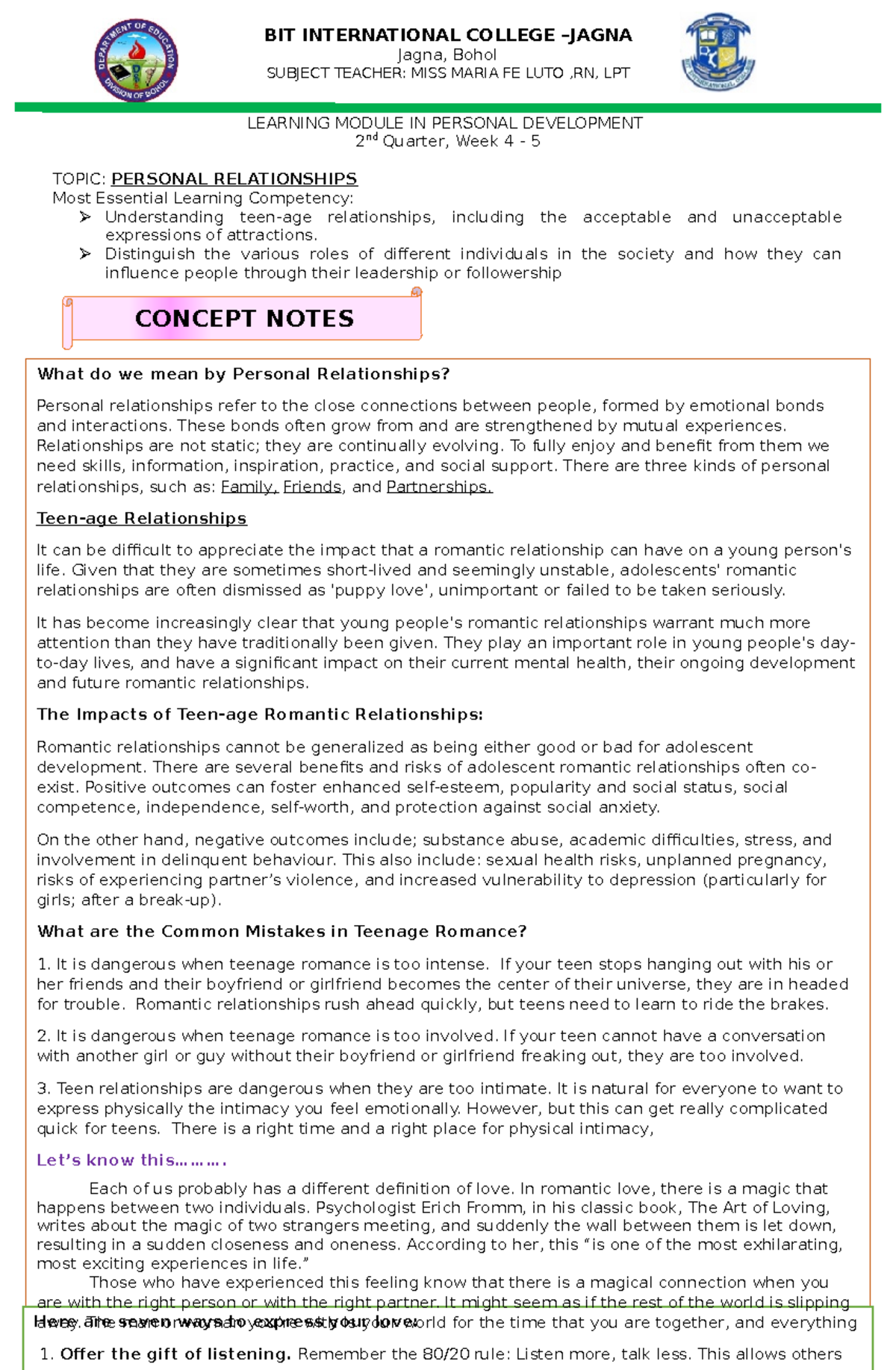 Learning Module IN Personal Development - Jagna, Bohol SUBJECT TEACHER ...