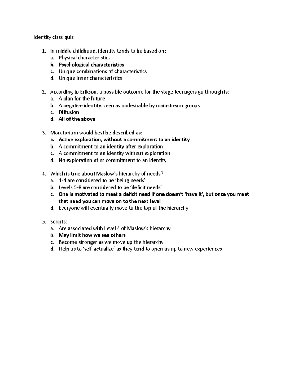 Identity class quiz w ans - Identity class quiz In middle childhood ...