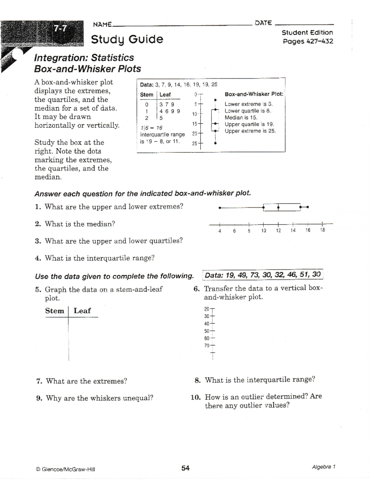 7-7 Study Guide (Box-and-Whisker Plots) - NAME Studg Guide Integration ...