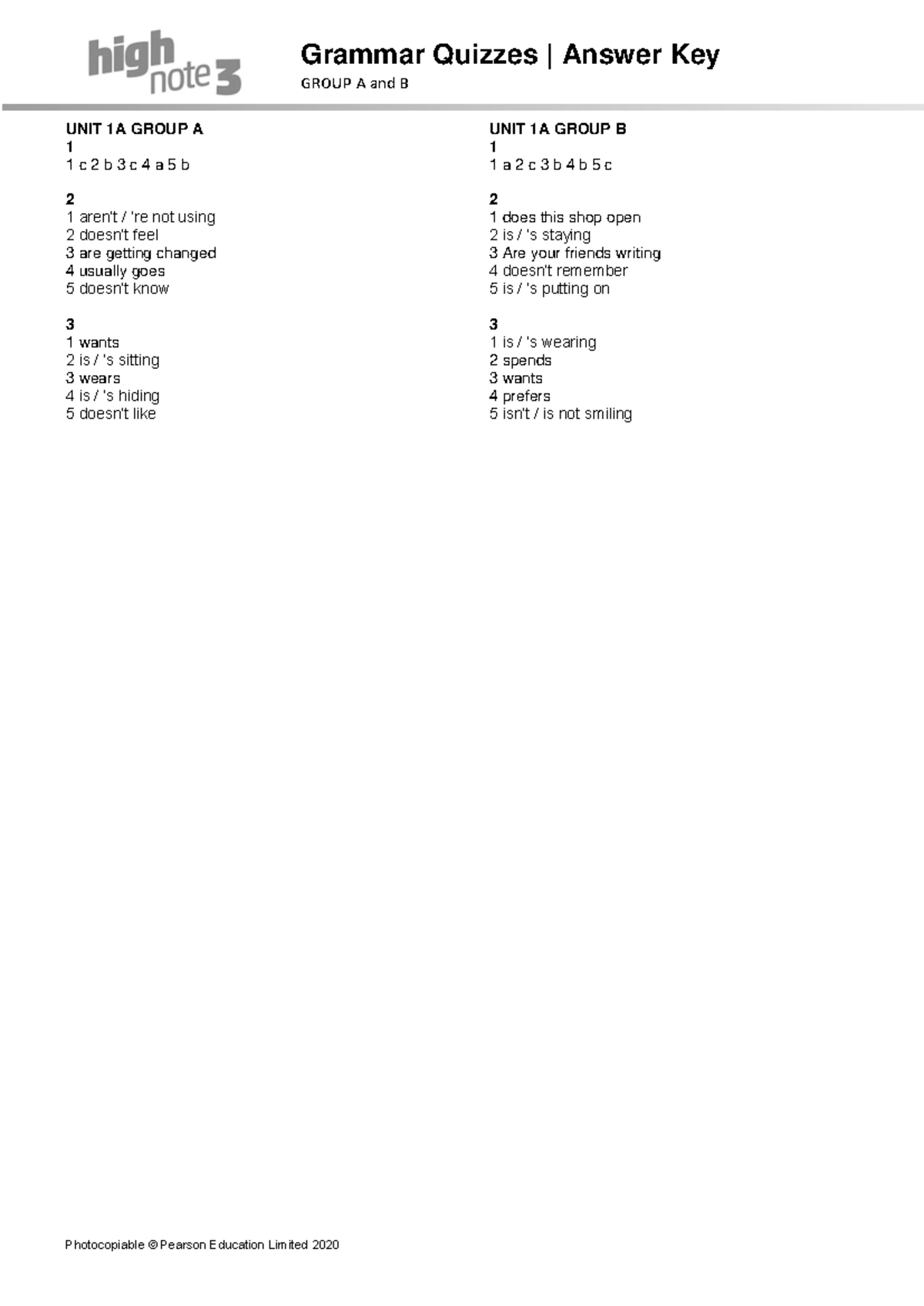 High Note 3 Grammar Quiz Unit01A Group A B Answers - Grammar Quizzes ...