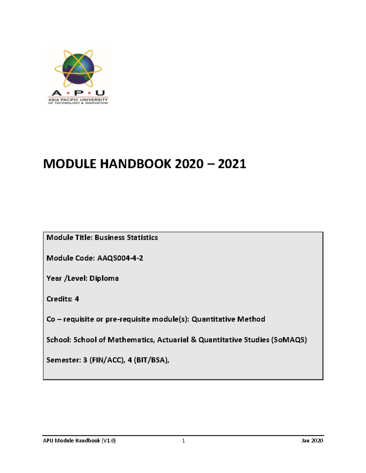 AAQS004-4-2 Business Statistics Module Handbook VD1 - MODULE HANDBOOK ...