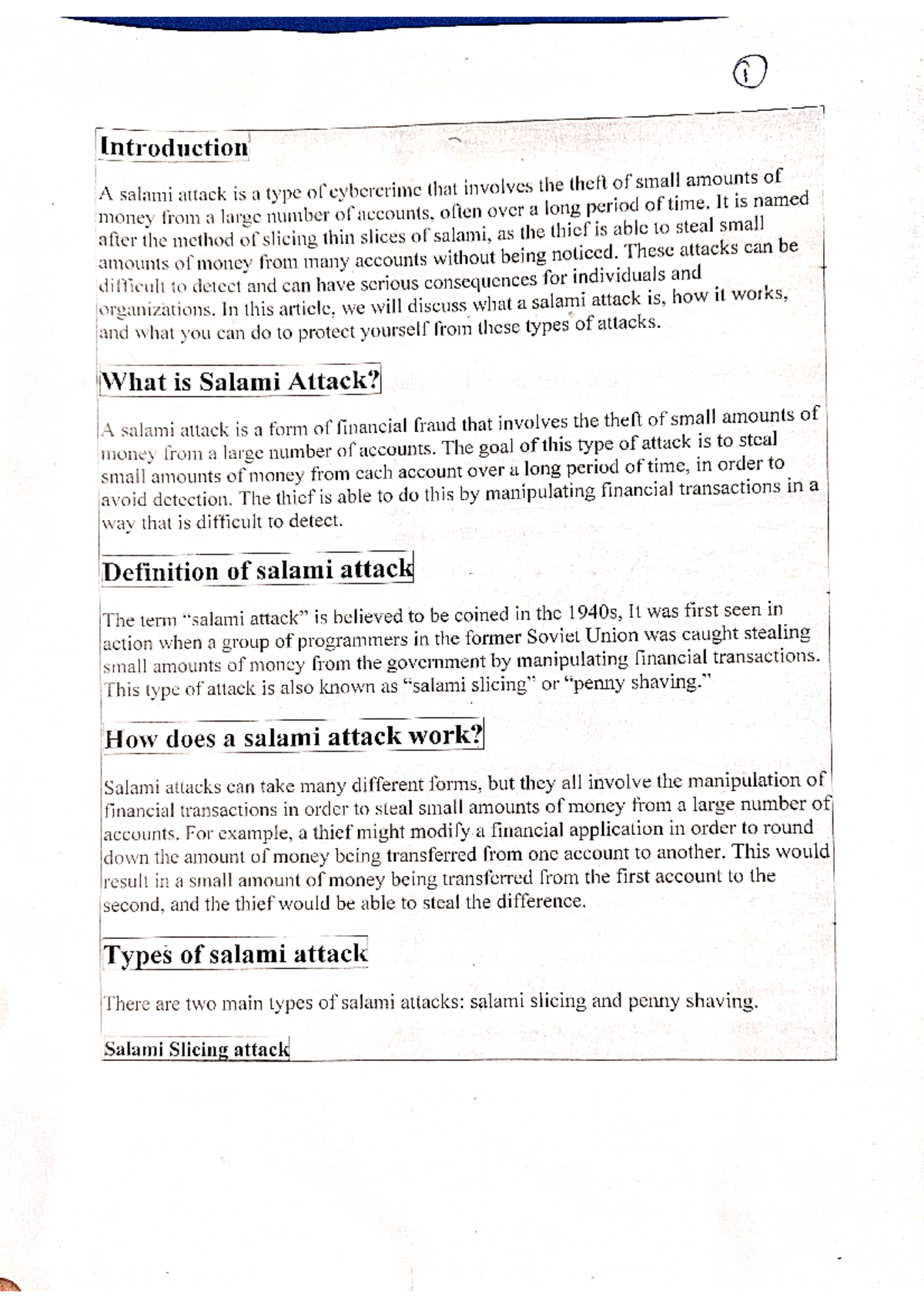 Salami attack - notes - I Introduction A salami attack is a type of ...