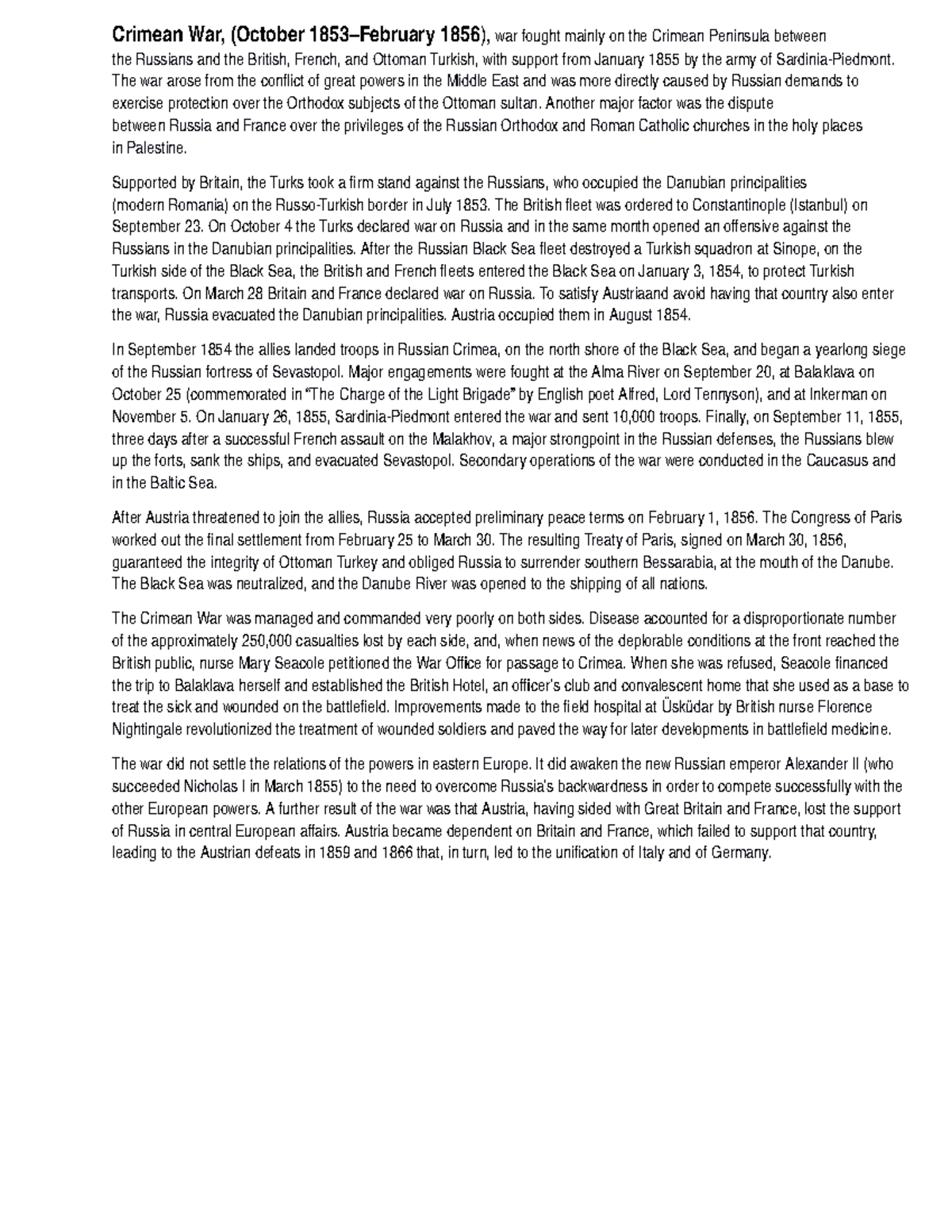 Crimean War - notes - Crimean War, (October 1853–February 1856), war ...