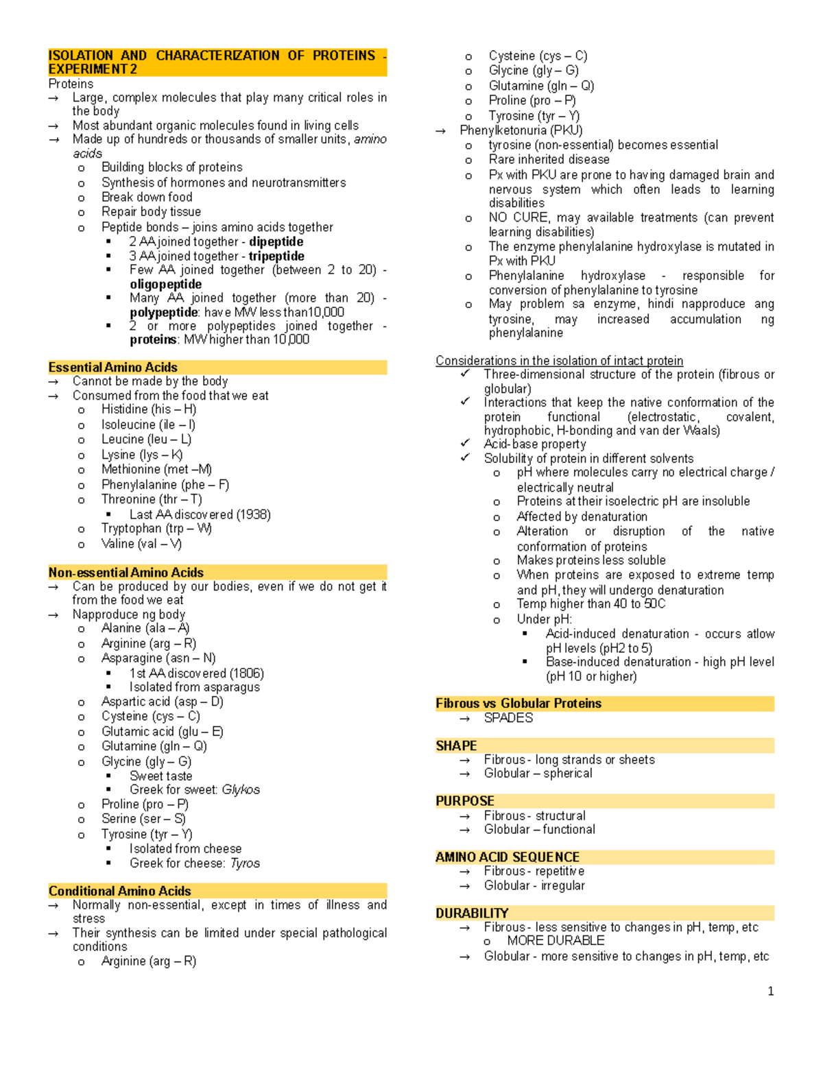 Biochem Lab midterm notes - ISOLATION AND CHARACTERIZATION OF PROTEINS ...