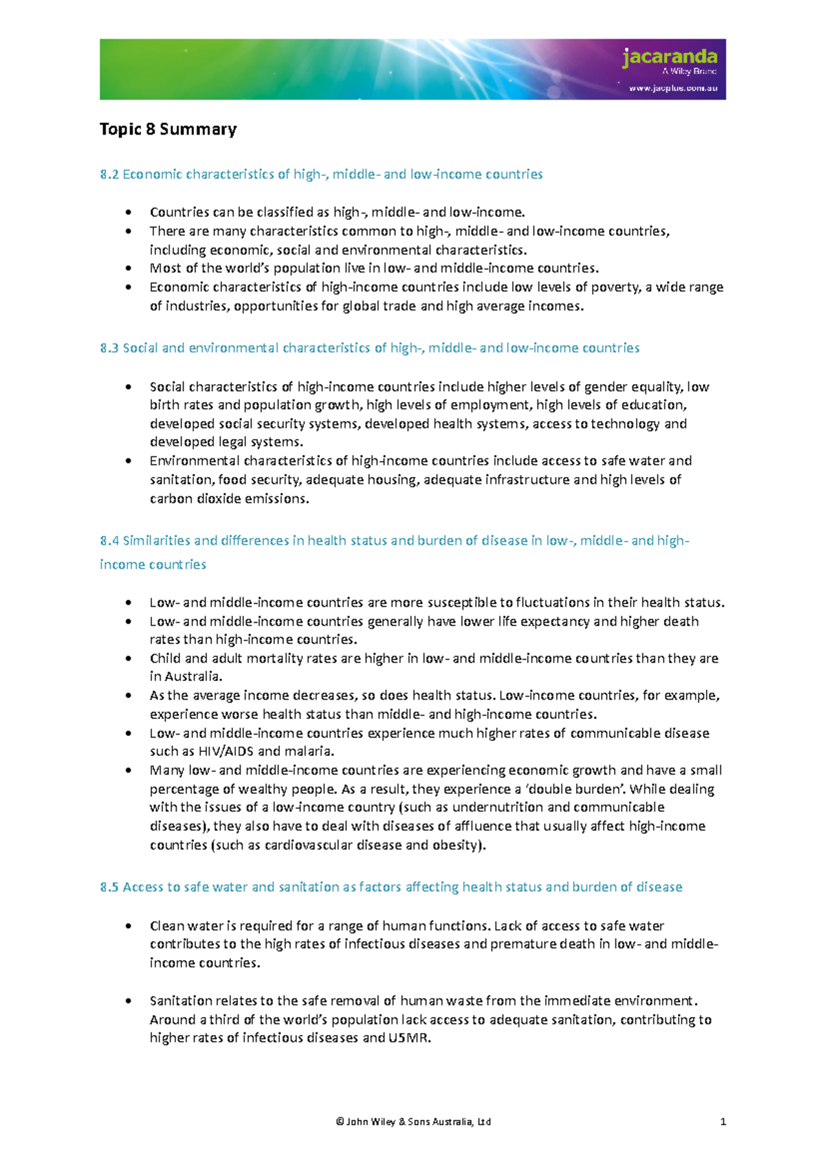 Chapter 8 summary notes - Topic 8 Summary 8 Economic characteristics of ...
