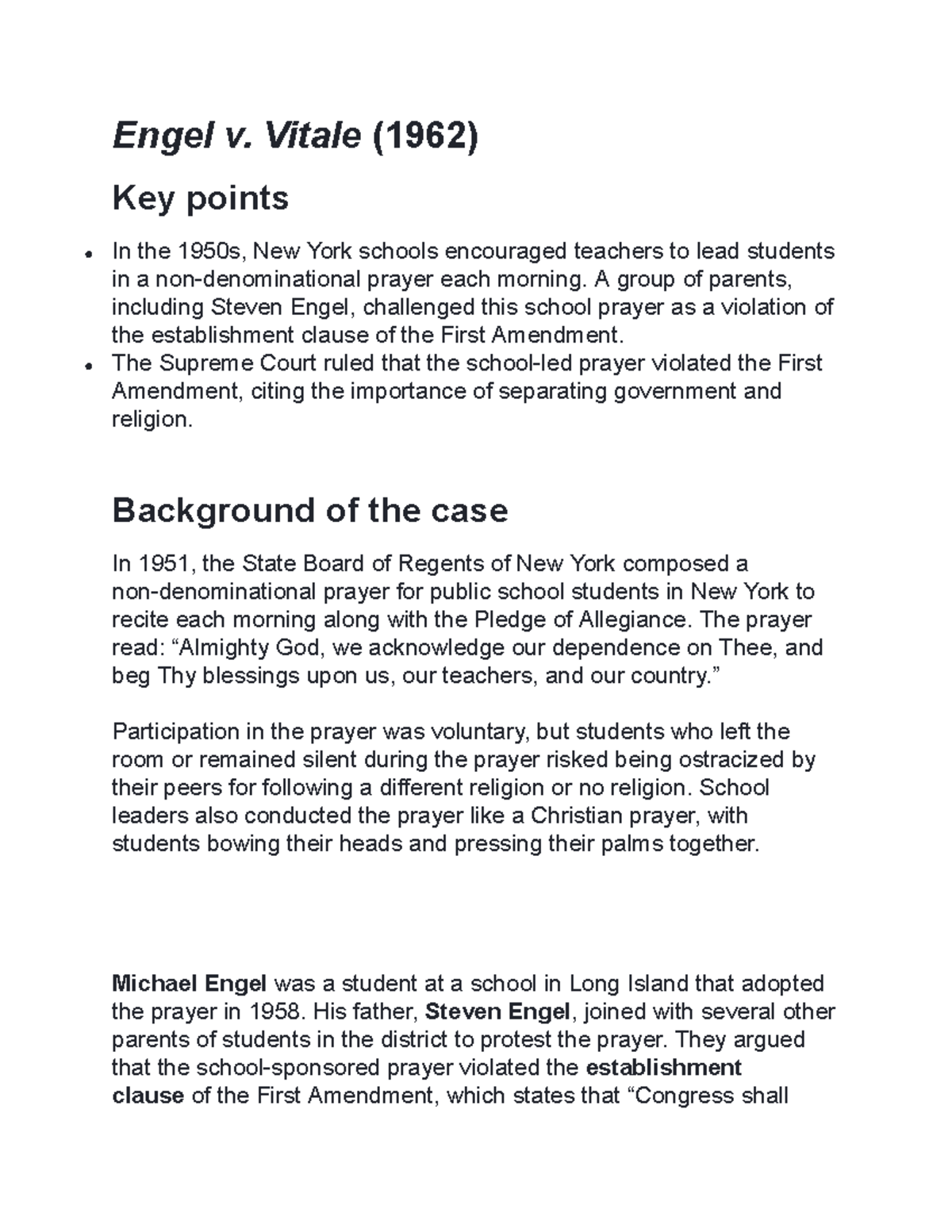Engel v Vitale - yuuib hsjjja - Engel v. Vitale (1962) Key points In ...