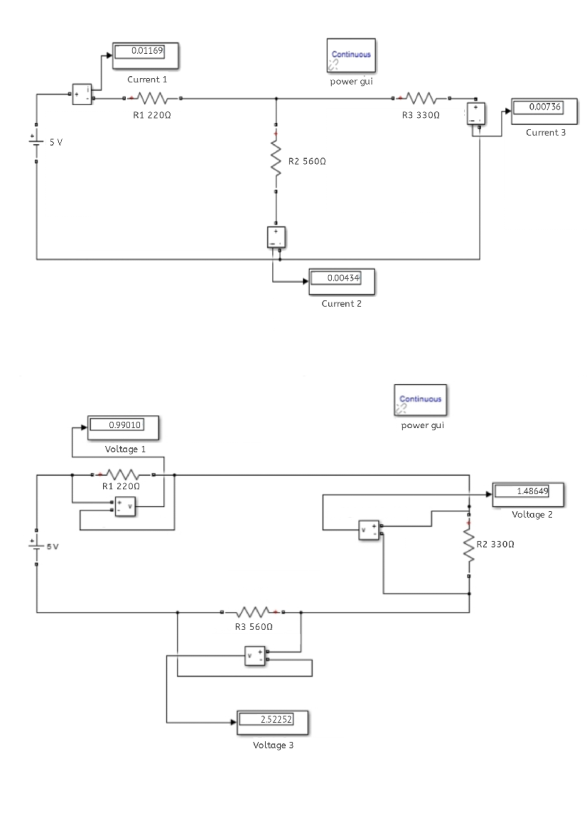 ECA Simulation - 0 Continuous Current 1 power gui 0 R1 2200 R3 3300 Current 3 5 V R2 5600 0 ...