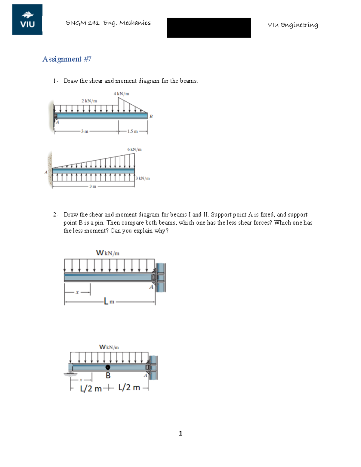 Assignment 7 - VIU Engineering 1 ENGM 141 Eng. Mechanics Assignment # 1 ...