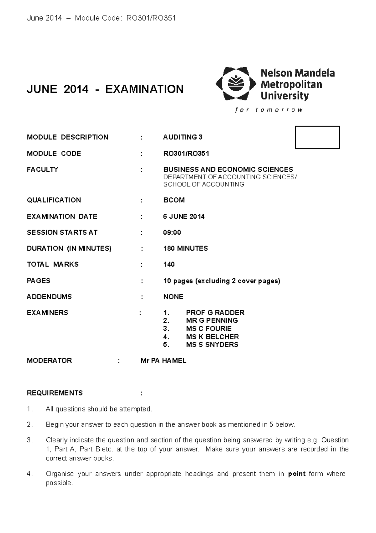 Exam June 2014 - JUNE 2014 - EXAMINATION MODULE DESCRIPTION : AUDITING ...