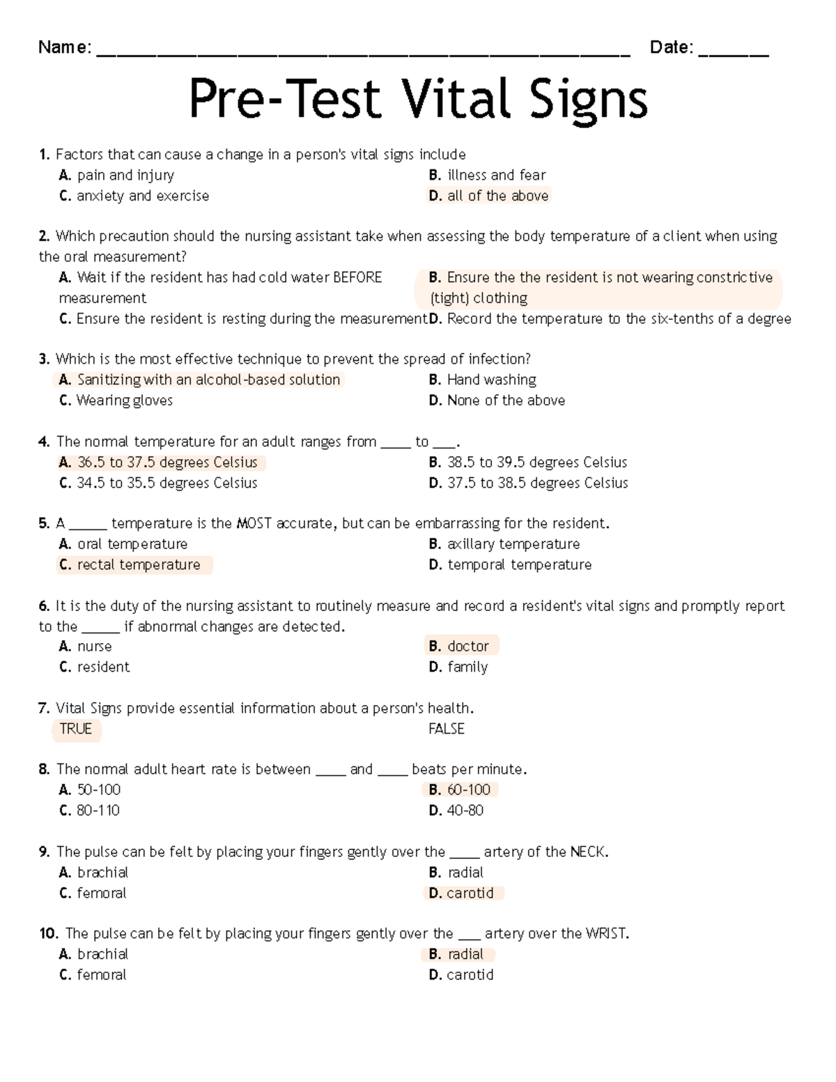 Pre Test Vital Signs - Practice Reviews I did to help me study - Pre ...