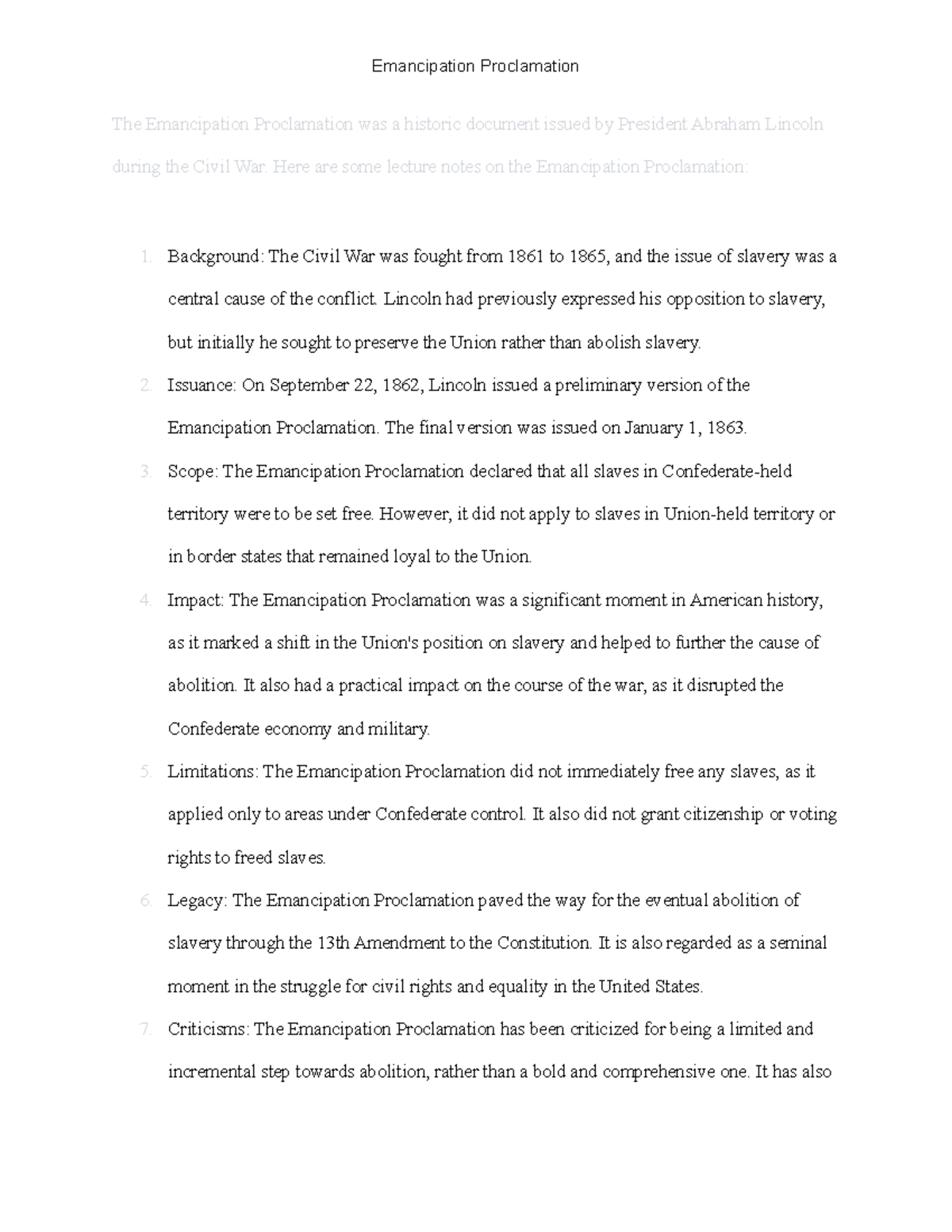 Emancipation Proclamation - Here are some lecture notes on the ...