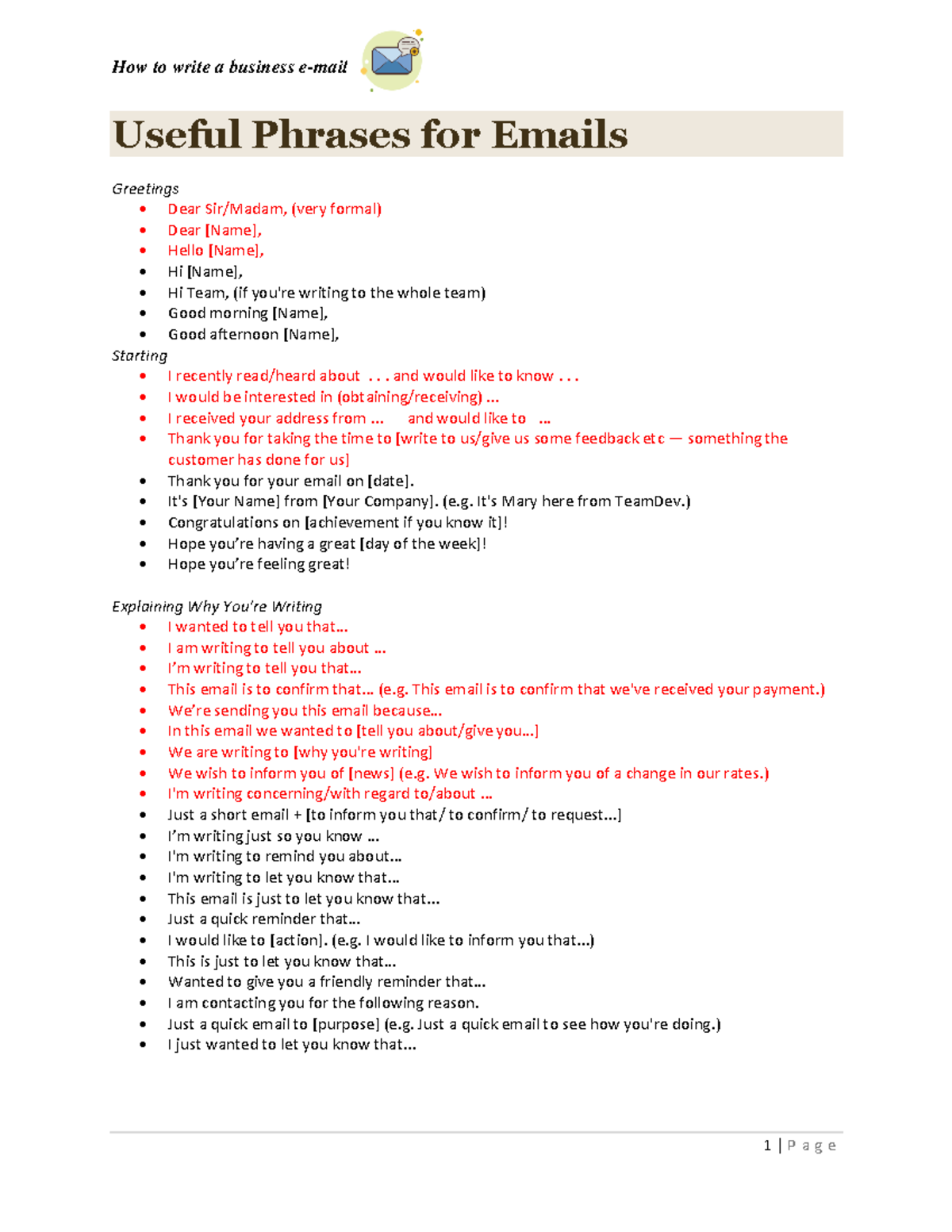 Email Useful Phrases - Useful Phrases for Emails Greetings Dear Sir ...