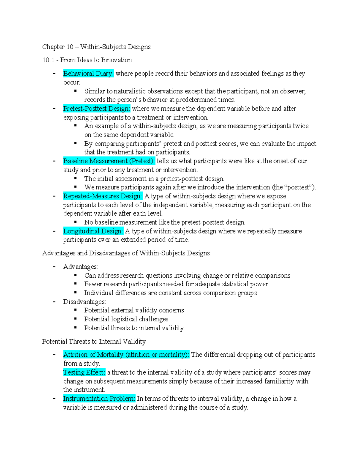 Ch. 10 Textbook Summary - Within-Subjects Designs - Chapter 10 – Within ...