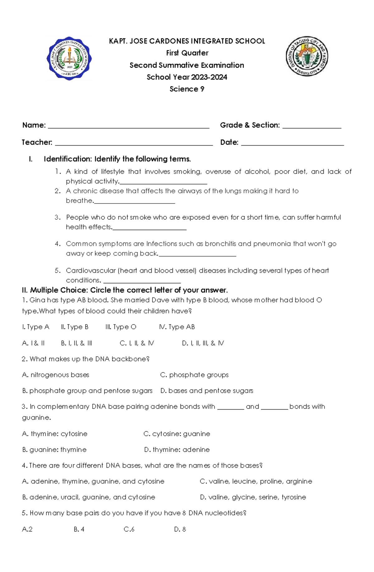 2nd- Summative - KAPT. JOSE CARDONES INTEGRATED SCHOOL First Quarter ...