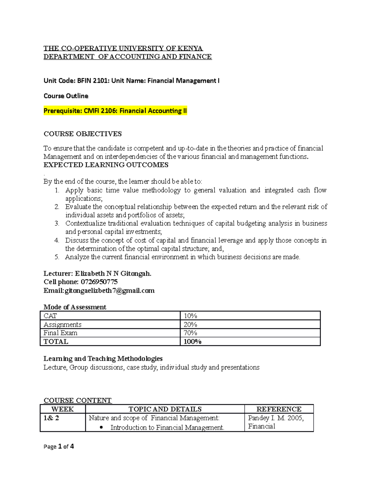 BFIN 2101 course outline - THE CO-OPERATIVE UNIVERSITY OF KENYA ...