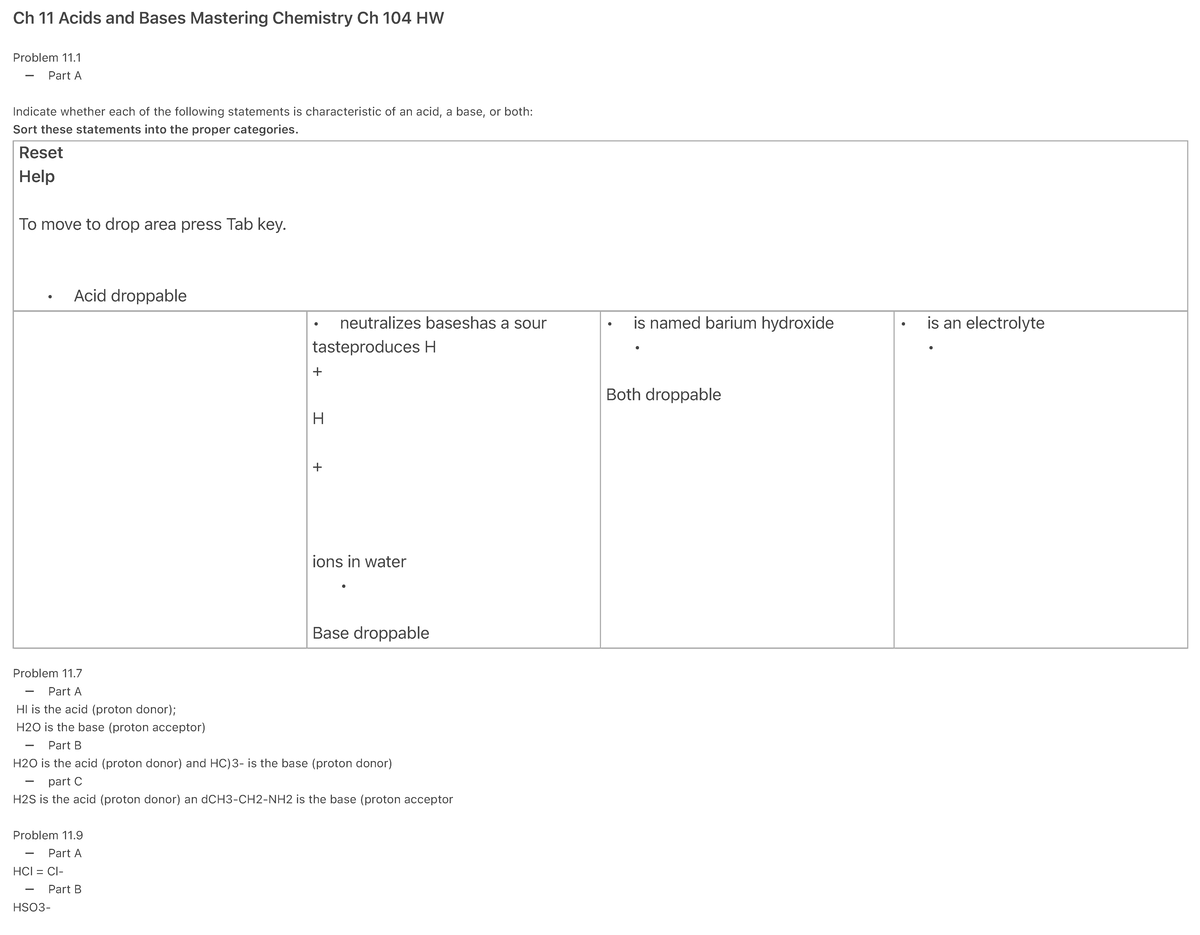 Ch 11 Acids and Bases Mastering Chemistry Ch 104 HW - Part A Indicate ...