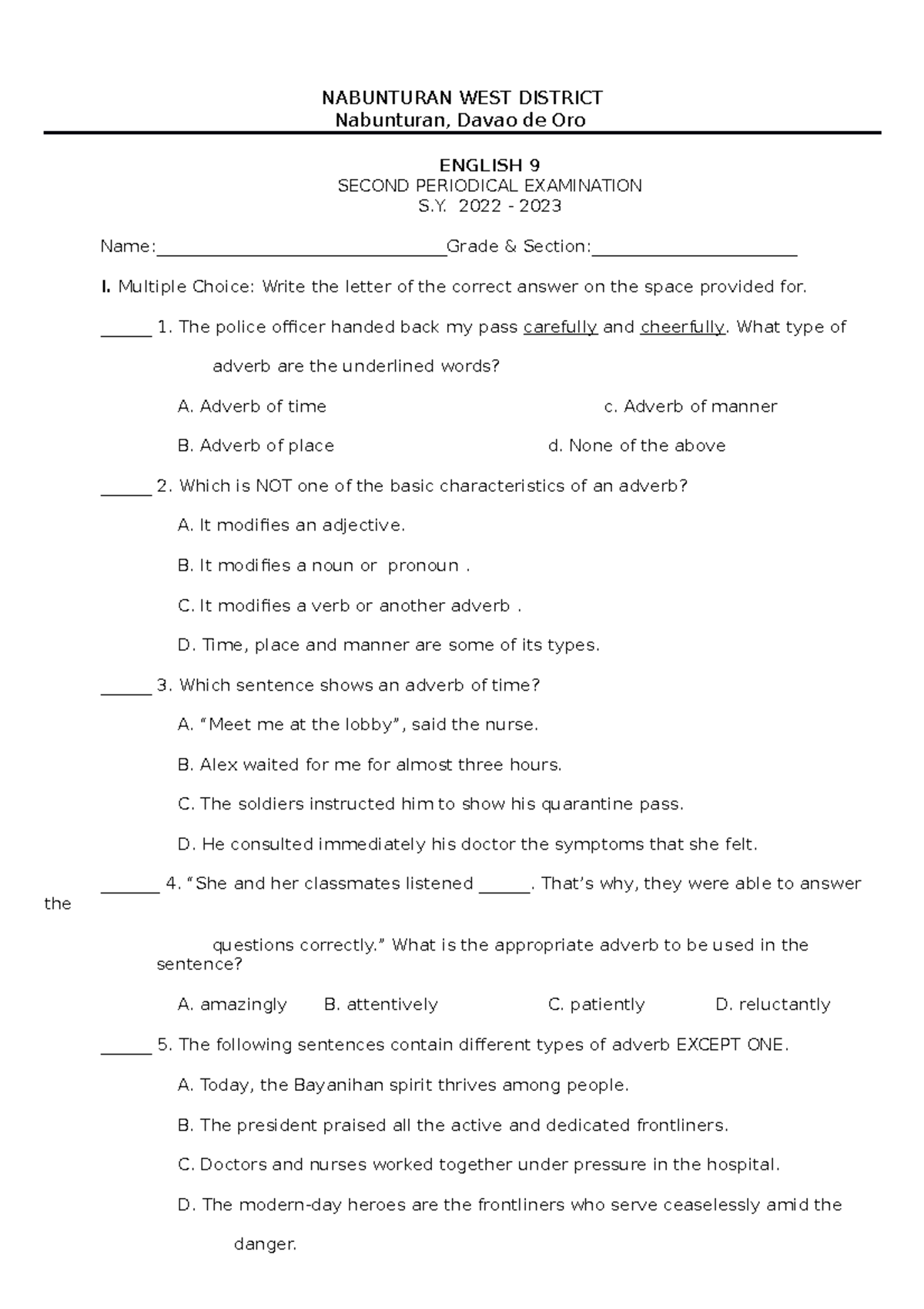 English 9 2nd Quarter with answer key - NABUNTURAN WEST DISTRICT ...