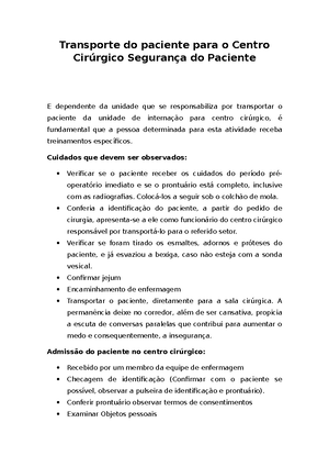Transporte do paciente - Cuidados que devem ser observados: Verificar ...