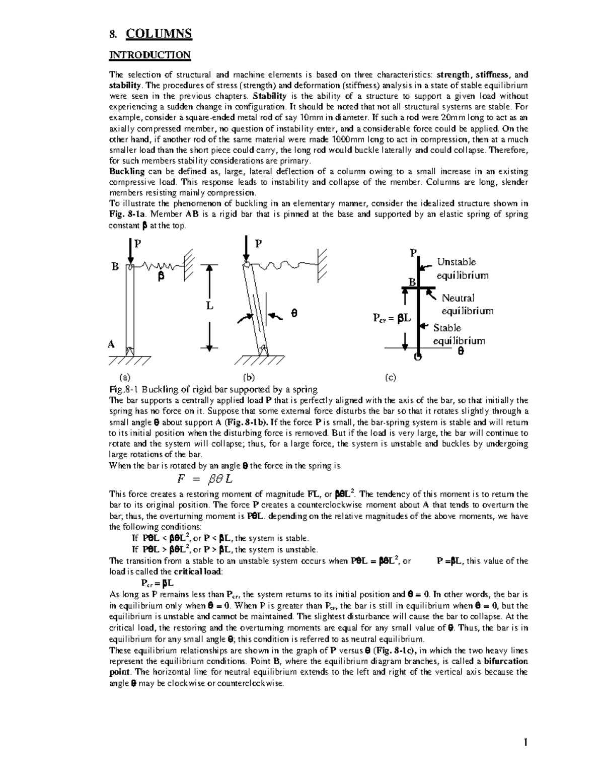 Ch.- 8- Columns - Buckling of column - 8. COLUMNS INTRODUCTION The ...