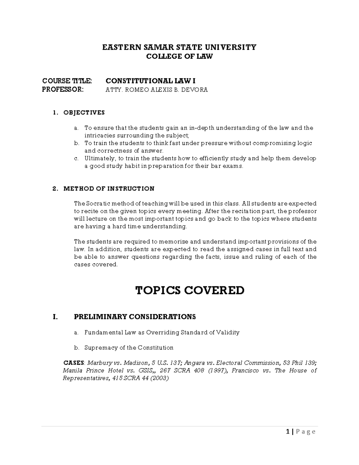 Constitutional Law I syllabus - EASTERN SAMAR STATE UNIVERSITY COLLEGE ...