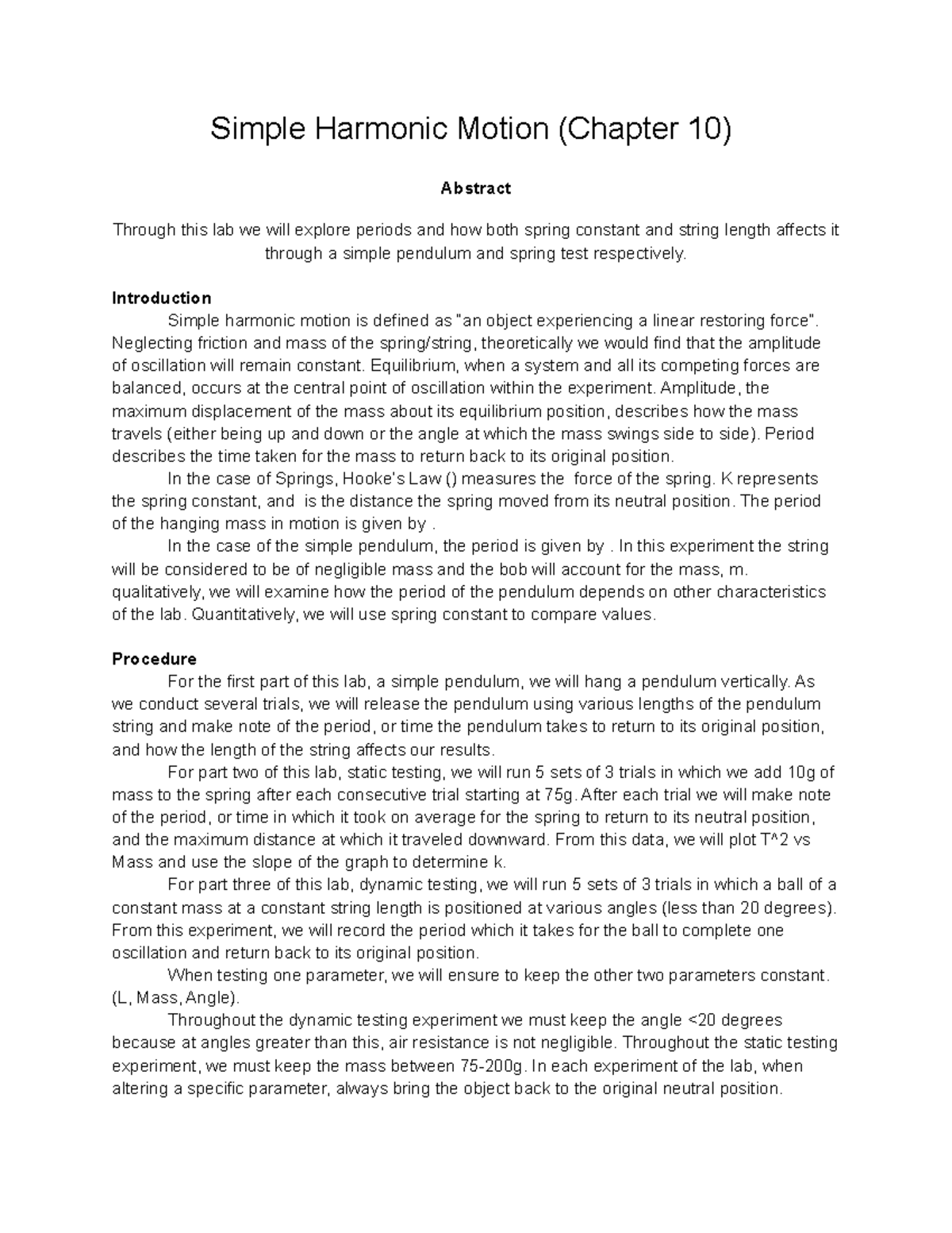 Simple Harmonic Motion Lab - Studocu