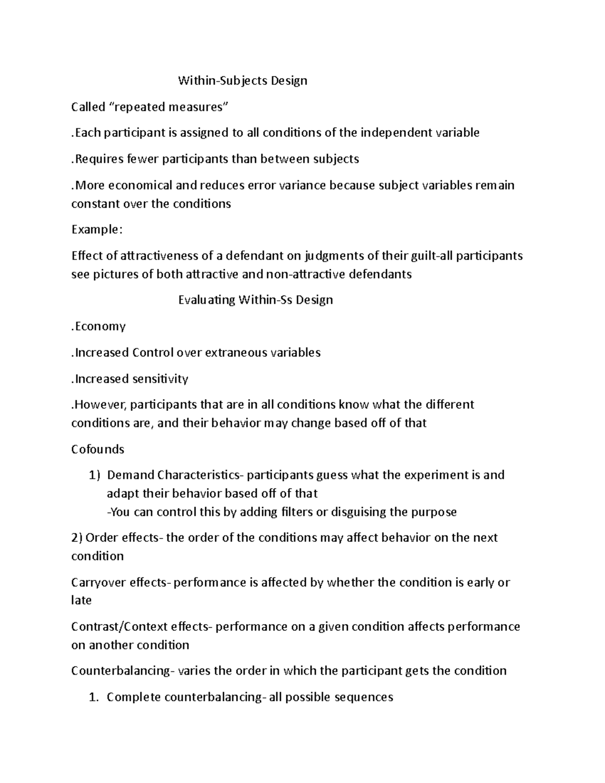 Ch7notes - Lecture notes from week 7. - Within-Subjects Design Called ...